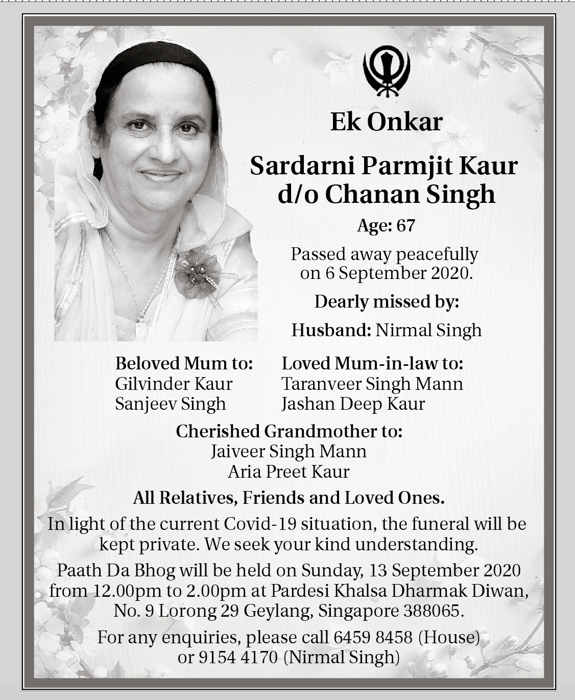 Sardarni Parmjit Kaur d/o Chanan Singh